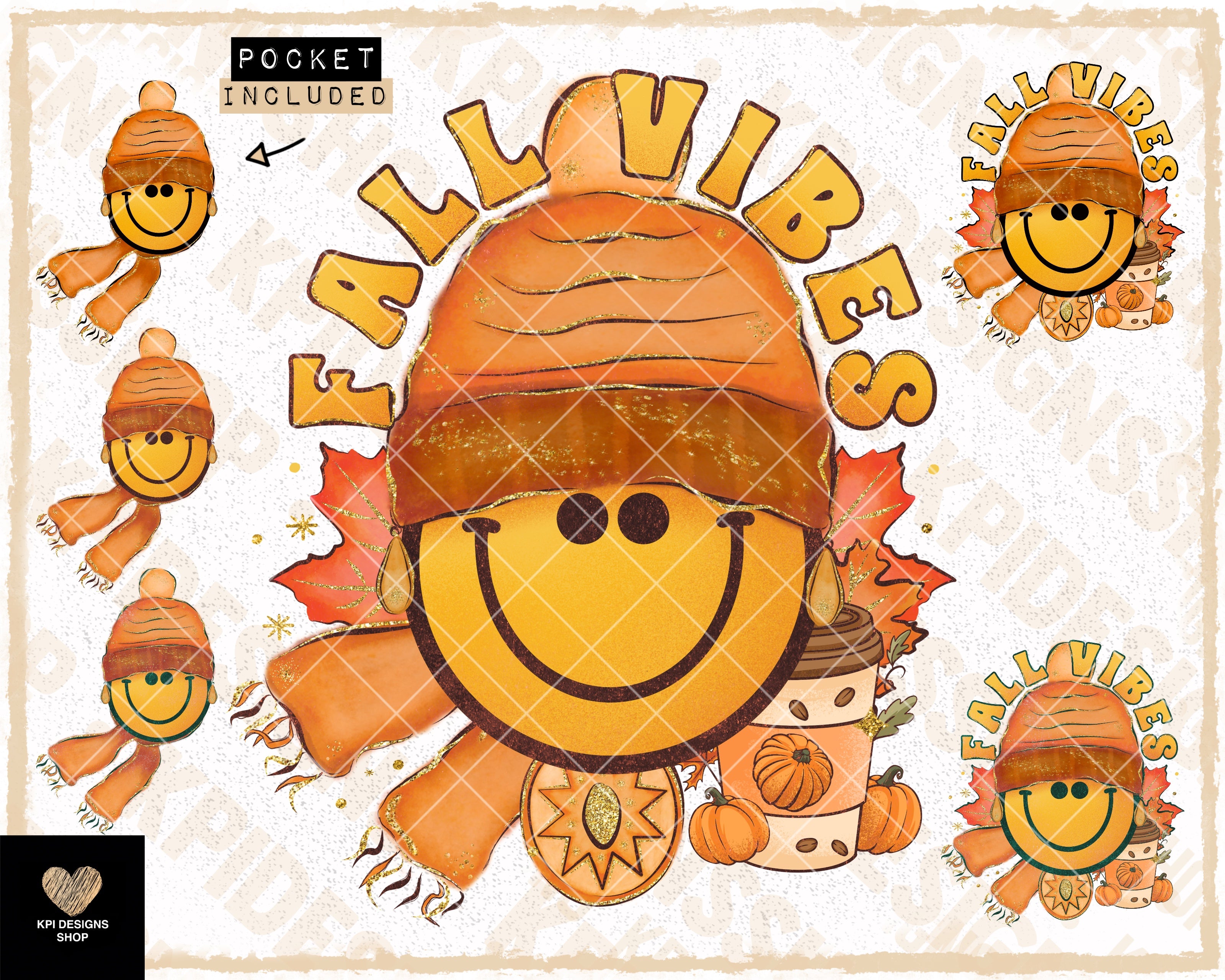 Fall Vibes Smiley + Matching Pocket (26-pack) - Aug2023 - PNG - Digita ...