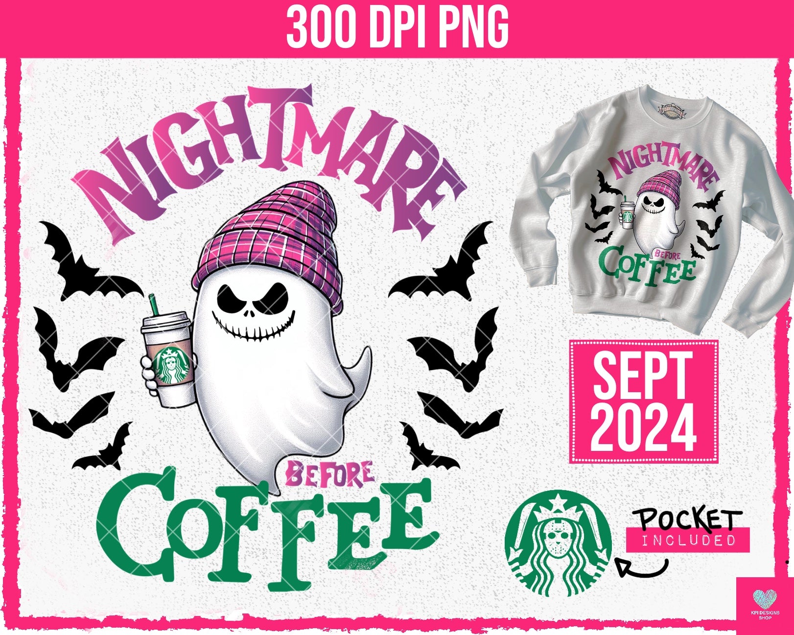 Nightmare Before Coffee + Matching Pocket - Sept2024 - PNG - Digital D ...